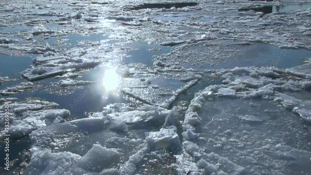 Ice break up on the river Danube. The footage show as the ice pieces ...