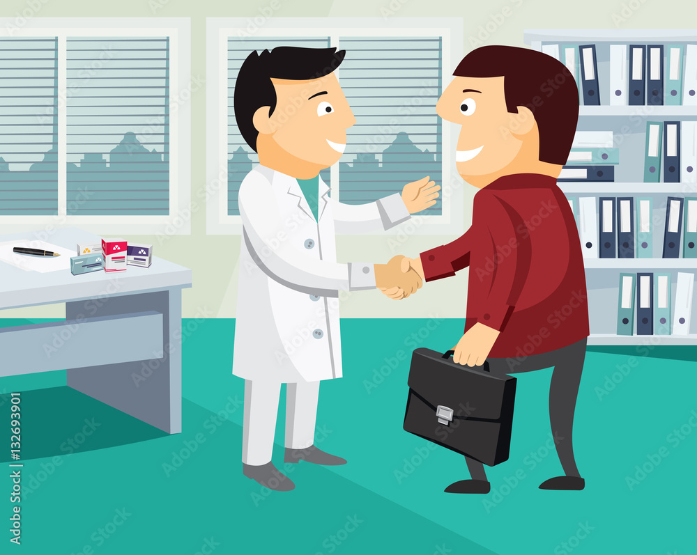 Cartoon doctor and patient handshake. Examination by a doctor. Funny ...