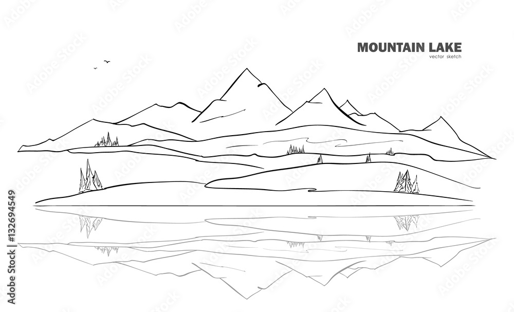 Vector illustration: Hand drawn Mountain Lake sketch landscape with ...
