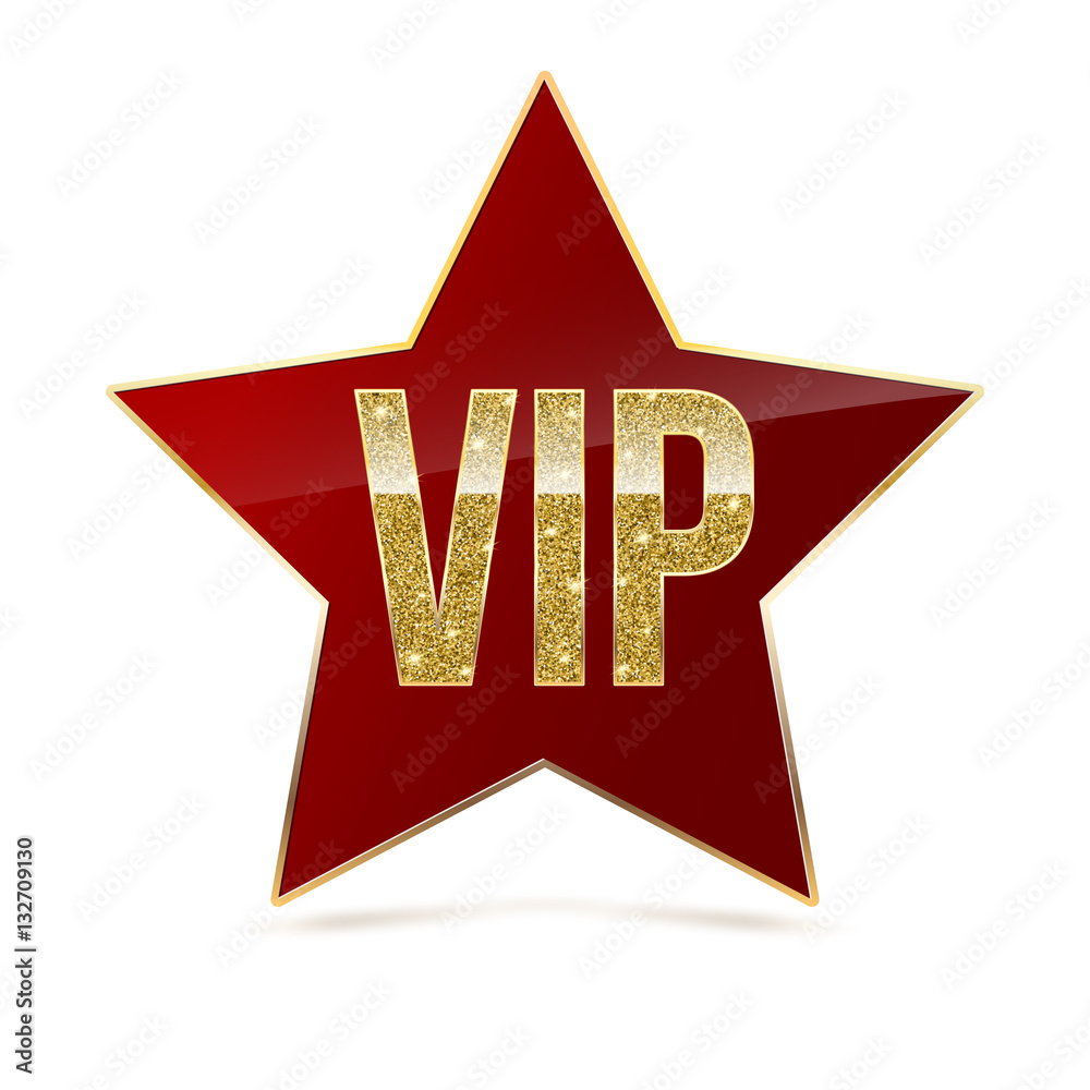 Red five-pointed star with Golden edging and the inscription VIP. Sign ...