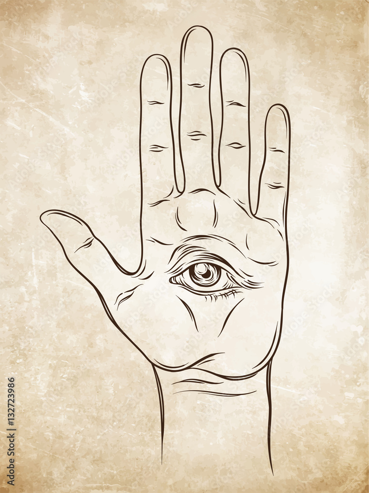 Spiritual hand with the allseeing eye on the palm. Occult design ...