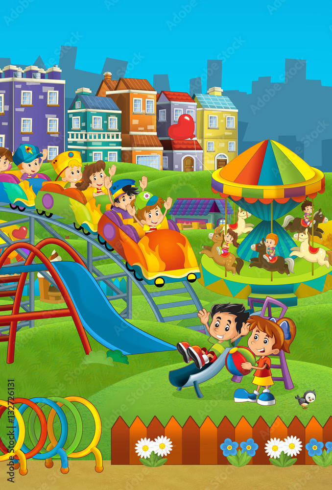 Cartoon scene with kids playing in the funfair - illustration for ...