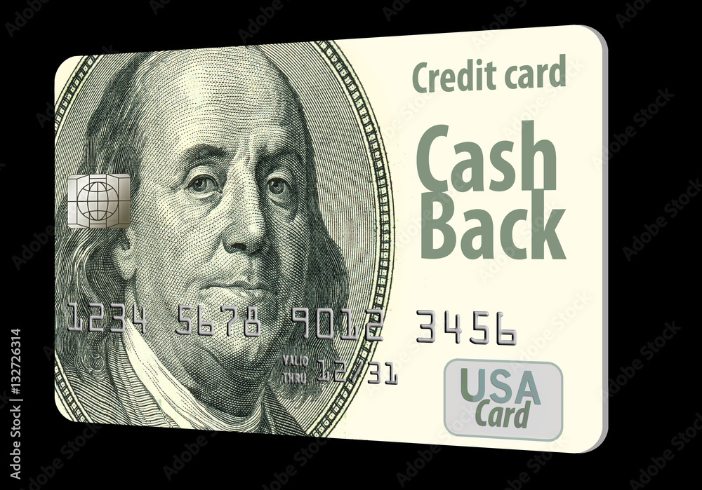 Cash Back Card. Ben Franklin from a one-hundred dollar bill decorates ...