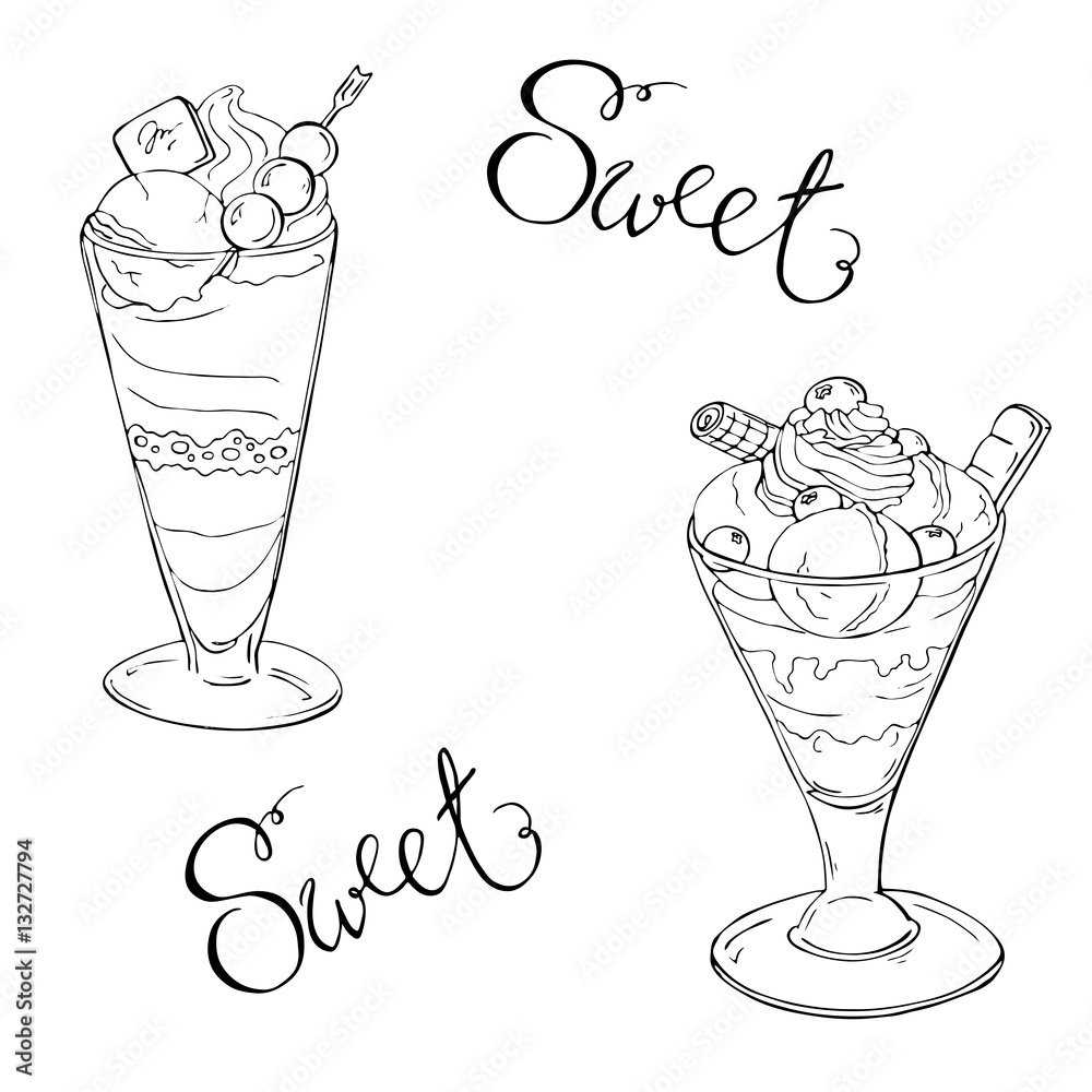 Parfait set sketch with hand lettering. Hand drawn vector illustration ...