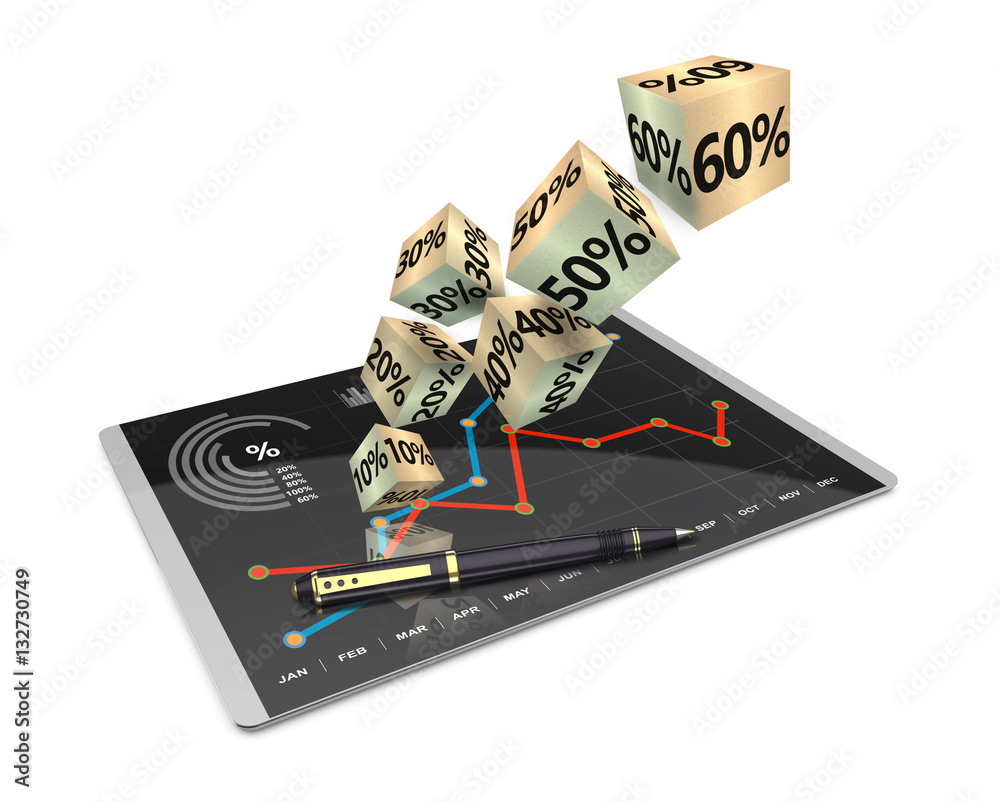 Economic development chart. Flying packages of symbol percent. Growth ...