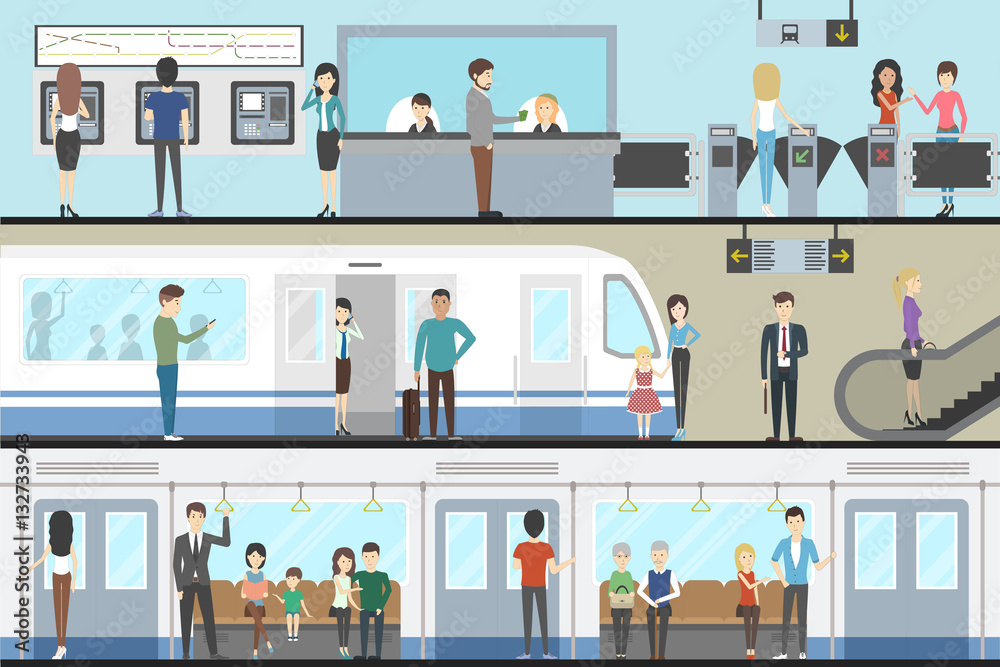 Subway interior set with train, enter and inside the railway. Stock ...
