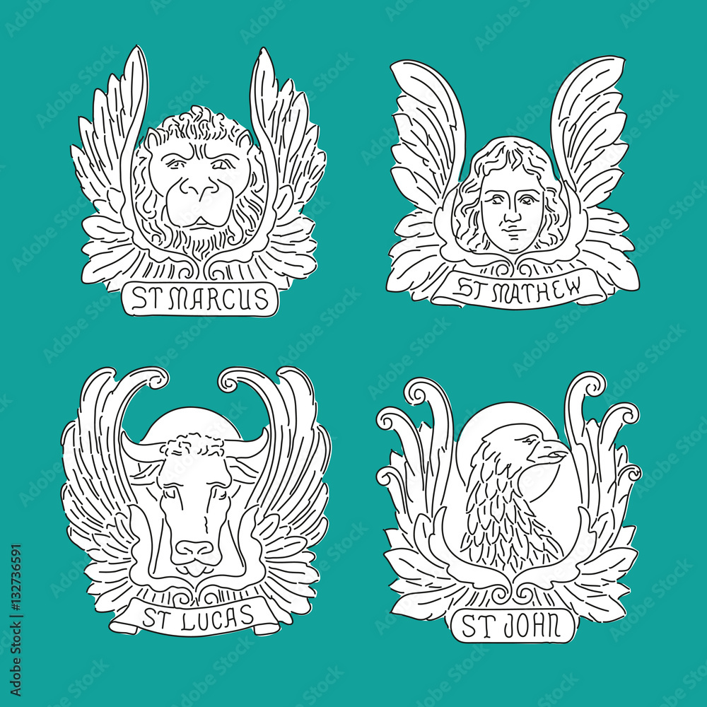 Four evangelists line symbols: angel, lion, bull and eagle. Matthew ...