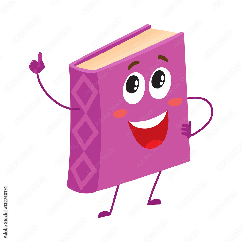 Funny book character pointing up with index finger, cartoon vector ...
