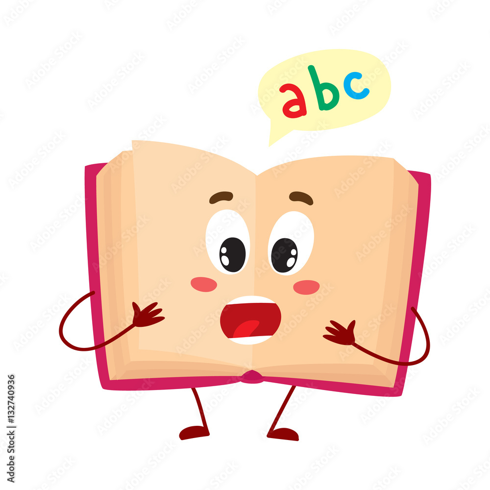 Funny open ABC book character with surprised face expression, cartoon ...