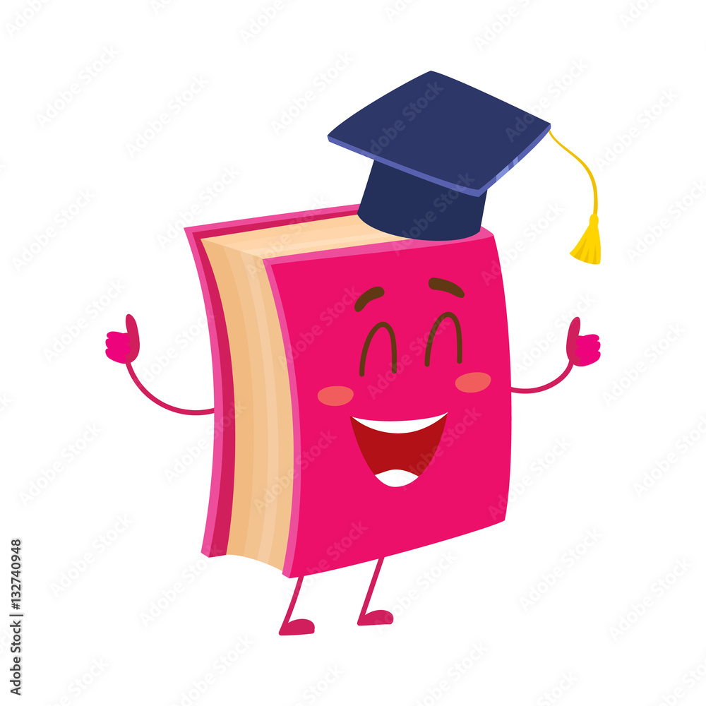 Funny book character in graduation cap showing thumbs up, cartoon ...