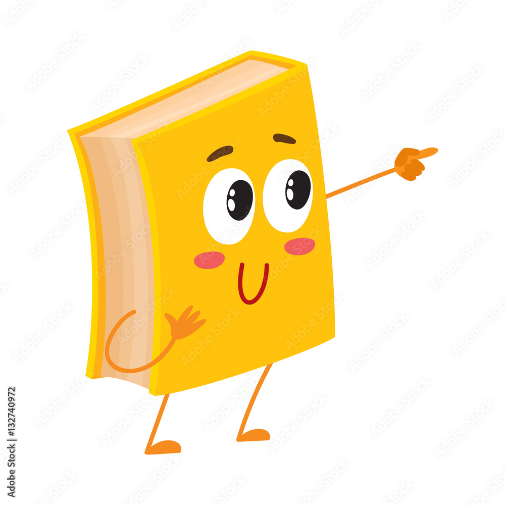 Funny book character pointing to something with finger, cartoon vector ...