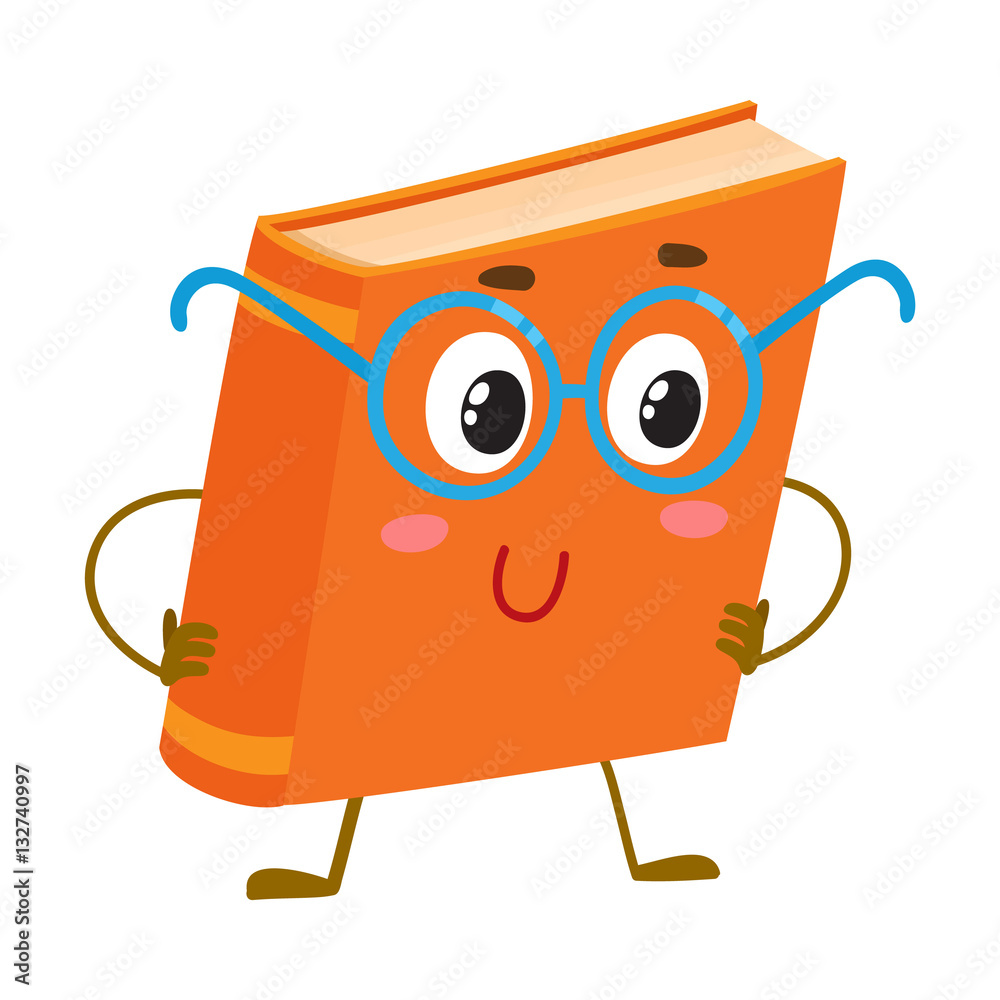 Funny orange book character in round blue nerdish glasses, cartoon ...