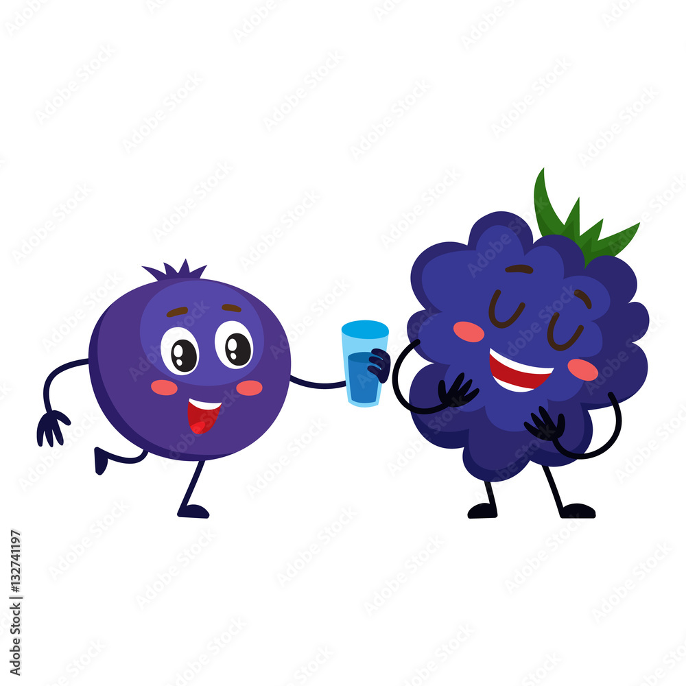 Cute and funny comic style blueberry character offering drink to ...