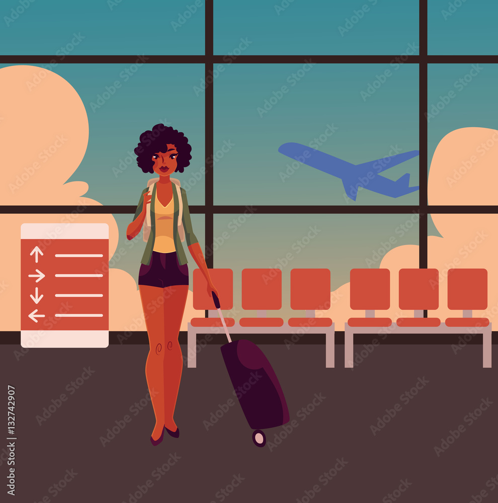 Pretty African American girl, woman traveler with backpack and suitcase ...