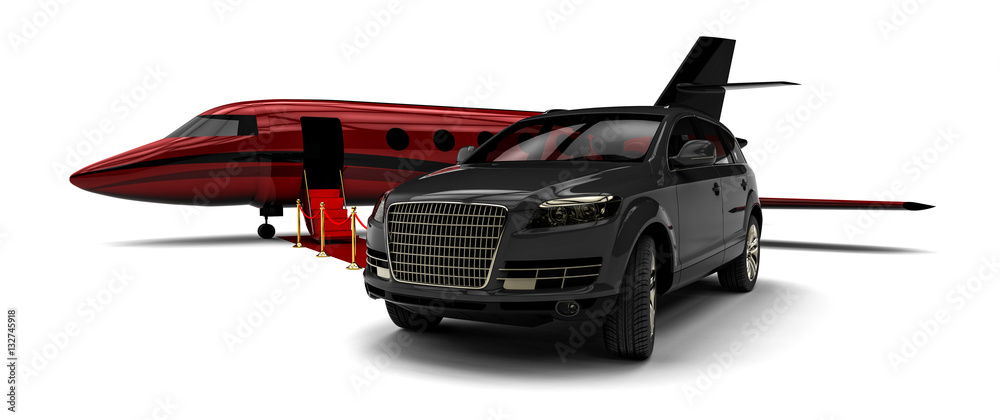 Luxury SUV with private Jet plane an red carpet / 3D render image ...