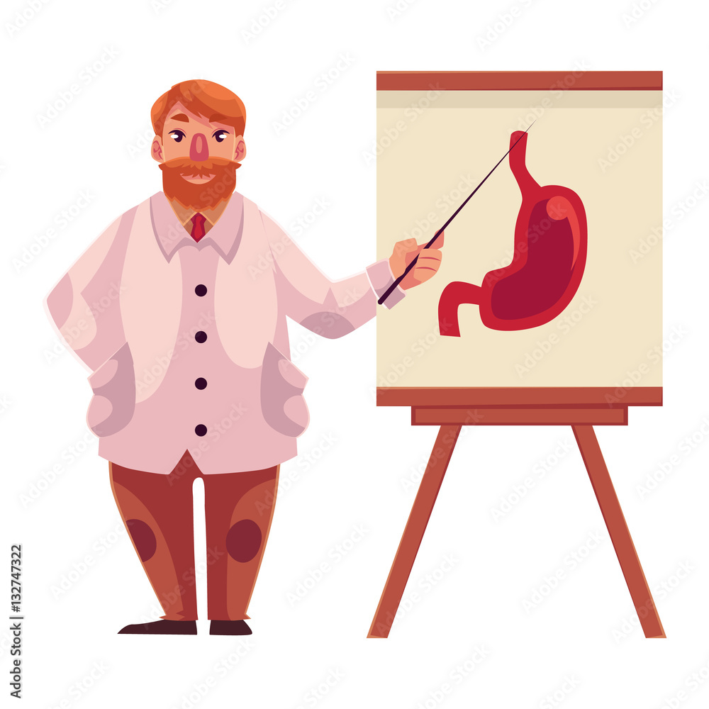 Male gastroenterologist in lab coat pointing to stomach on poster ...