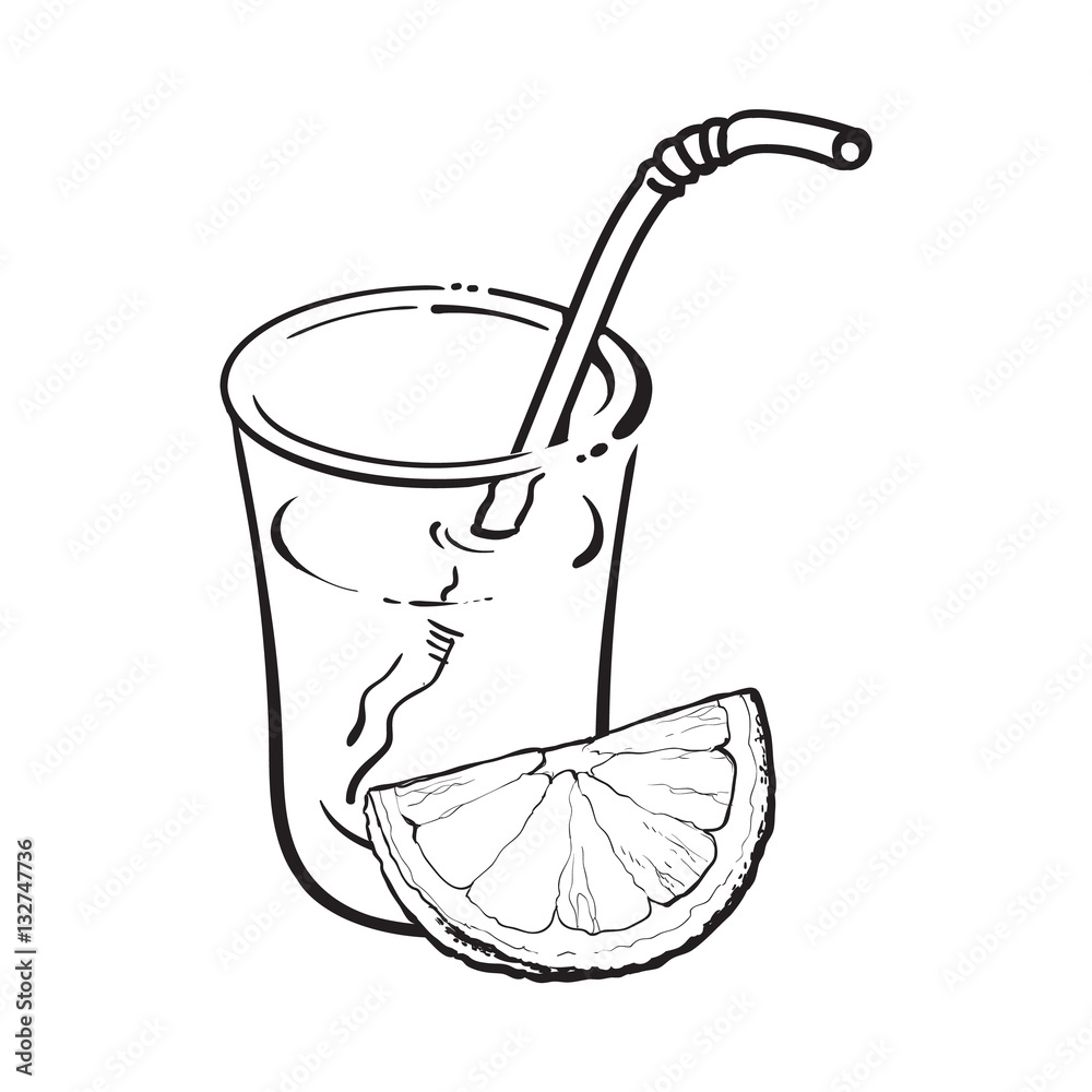 Glass of freshly squeezed juice with piece of orange, sketch vector ...