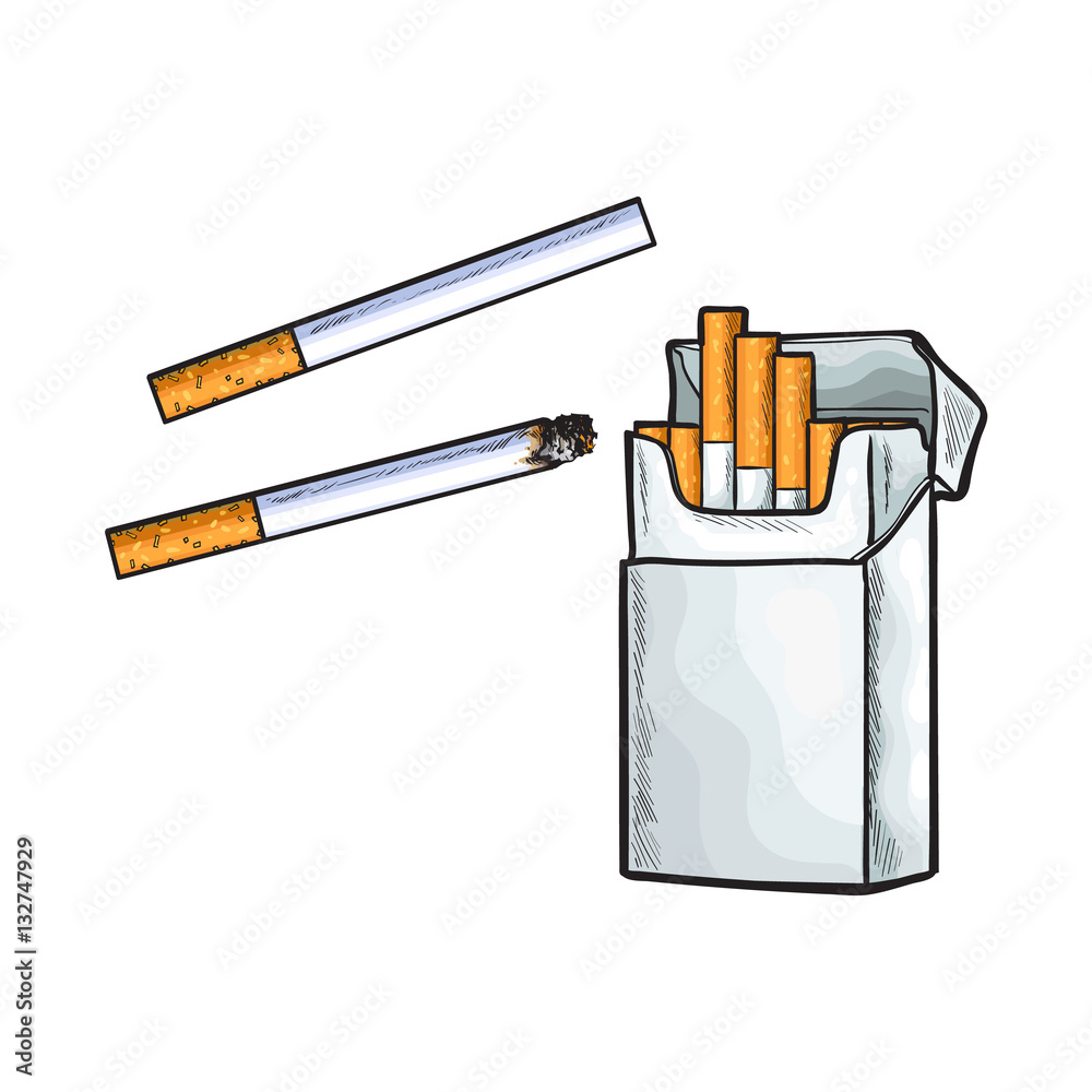 Unlabeled standing open pack of cigarettes, sketch vector illustration ...