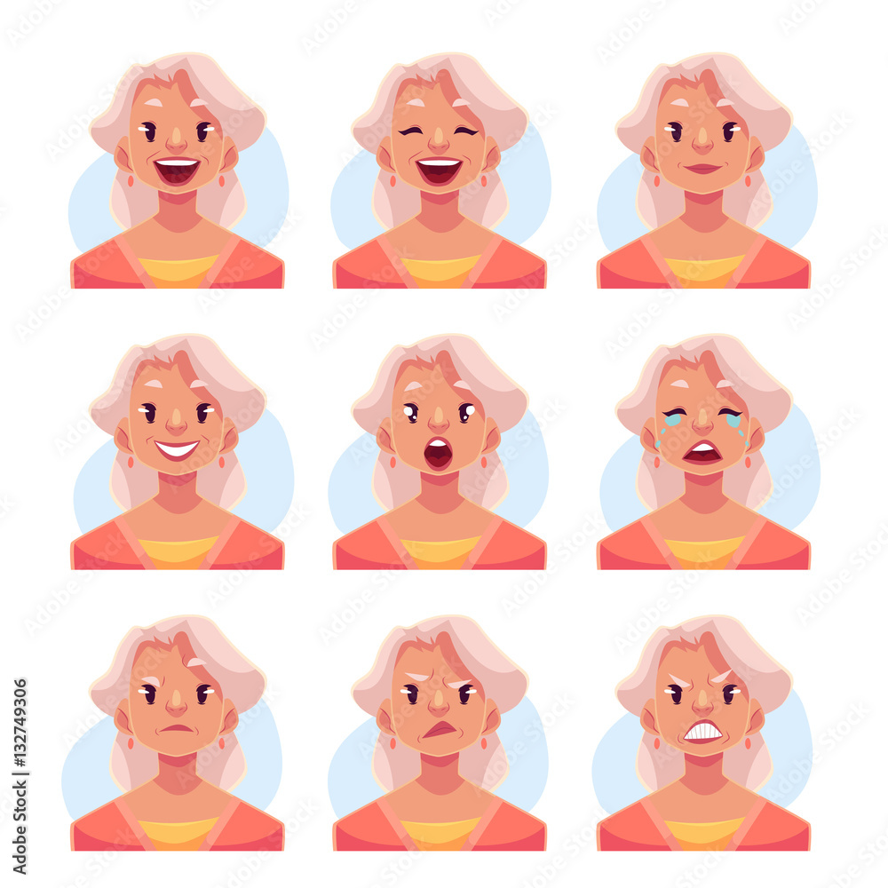 Grey haired old lady face expression, set of cartoon vector ...
