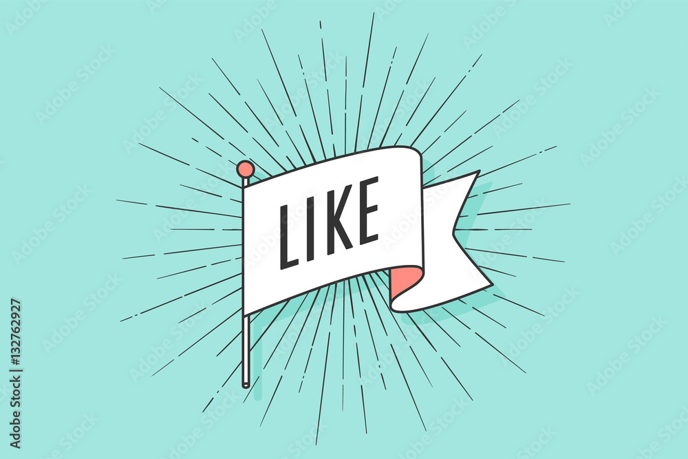 Old vintage flag with linear drawing of rays and inscription Like. Hand ...