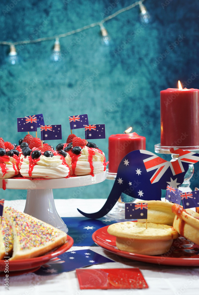 Australian theme party table with flags and iconic food Stock Photo ...
