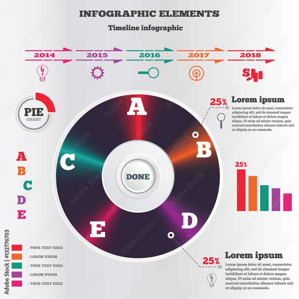 Infographics elements. Vintage record symbol. Pie chart and timeline ...