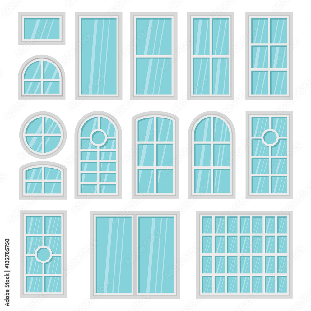 Windows 3d flat cartoon set isolated on white background. Interior ...