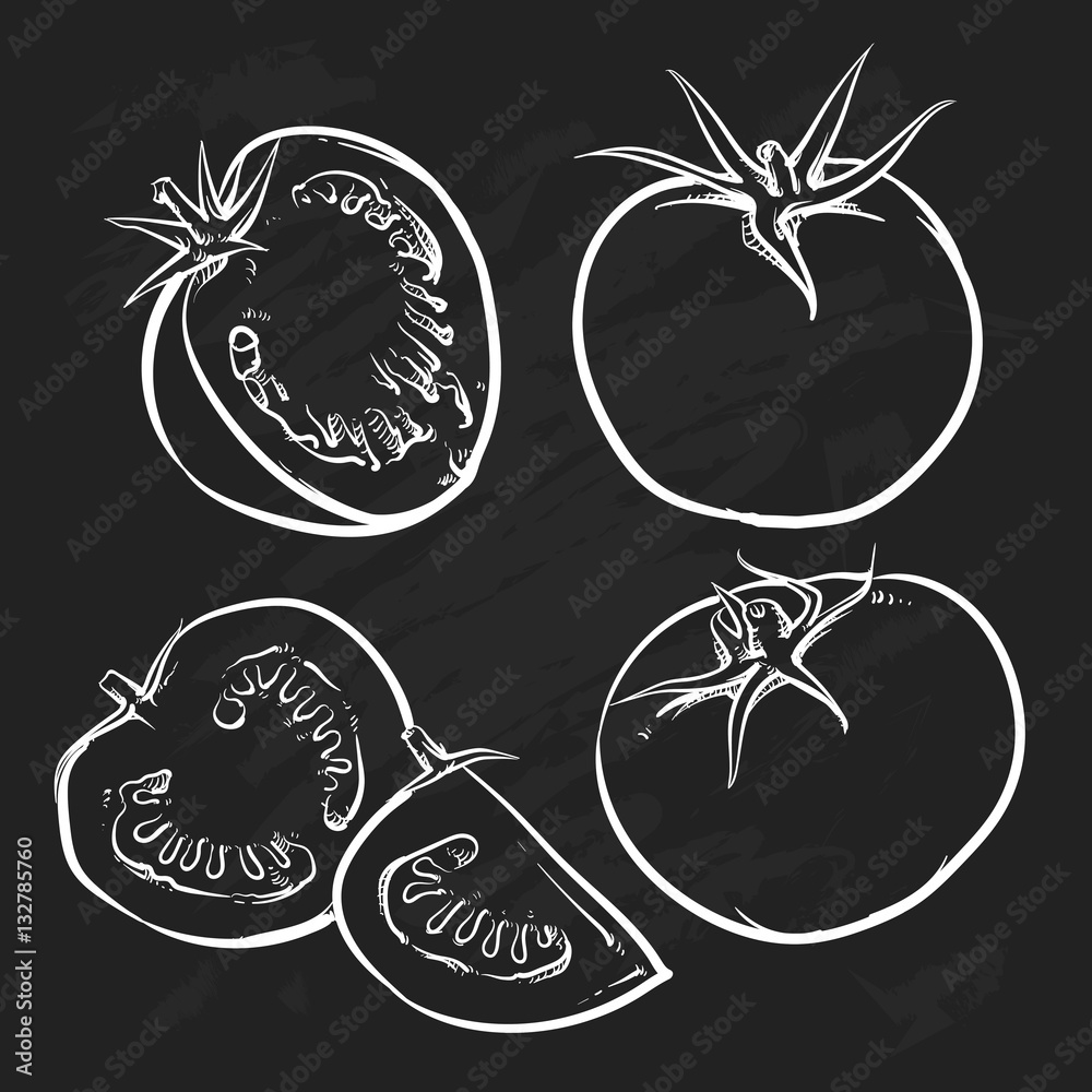 Tomato vector drawing on a black background. Isolated tomato and Stock ...