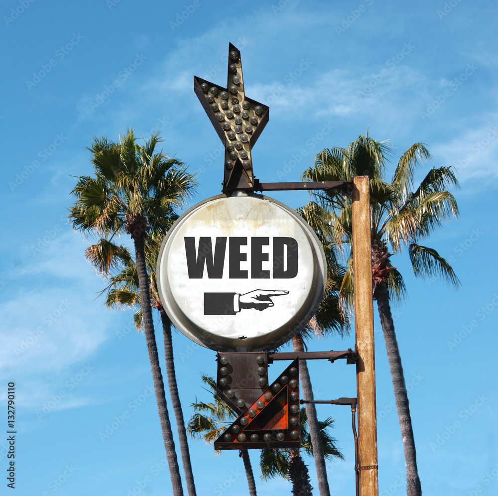 aged and worn vintage photo of weed sign with palm trees Stock Photo ...