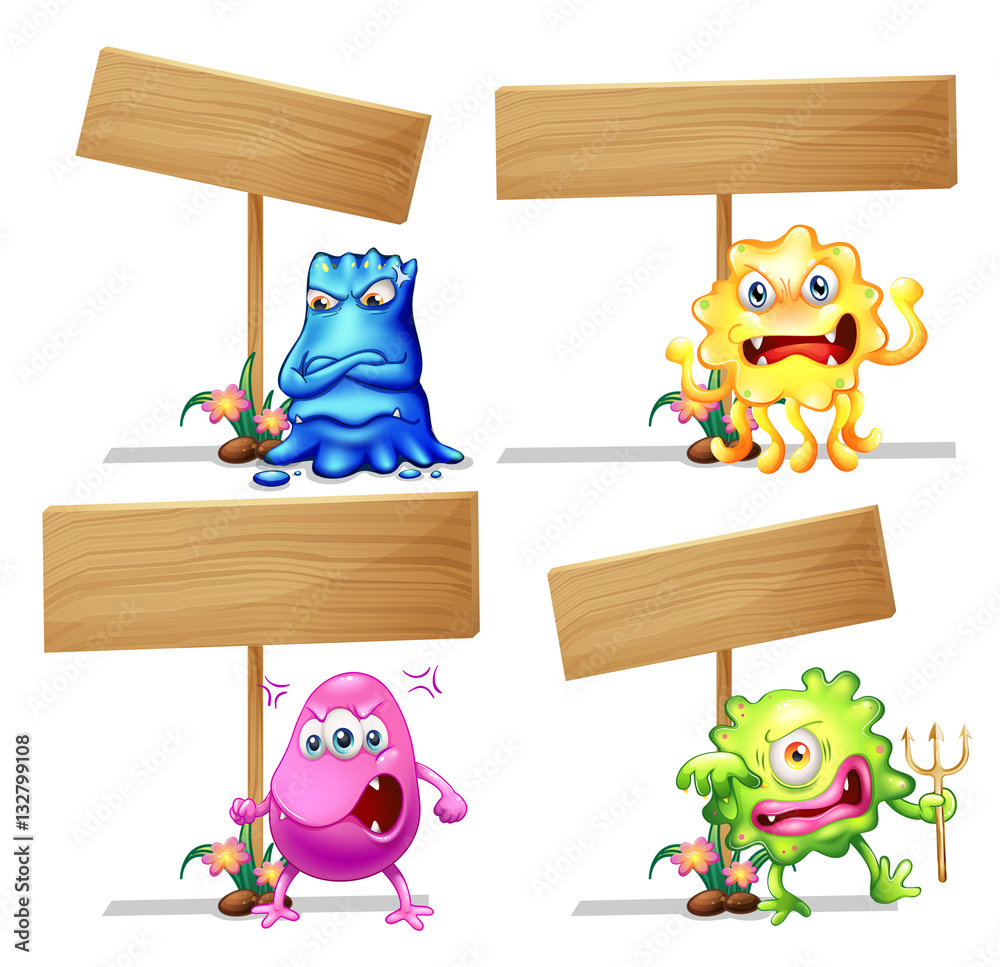 Monsters holding wooden signs Stock Vector | Adobe Stock