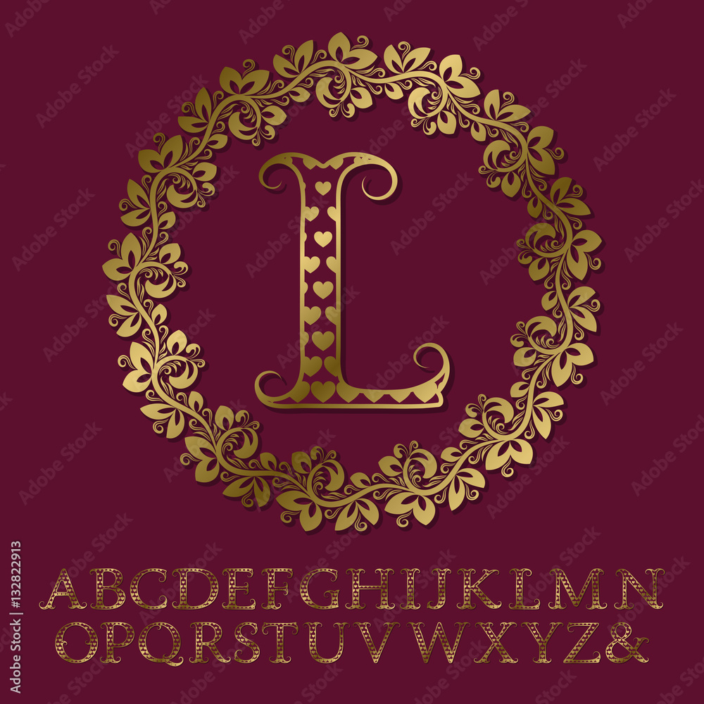 Gold hearts patterned letters with initial monogram. Stylish romantic ...
