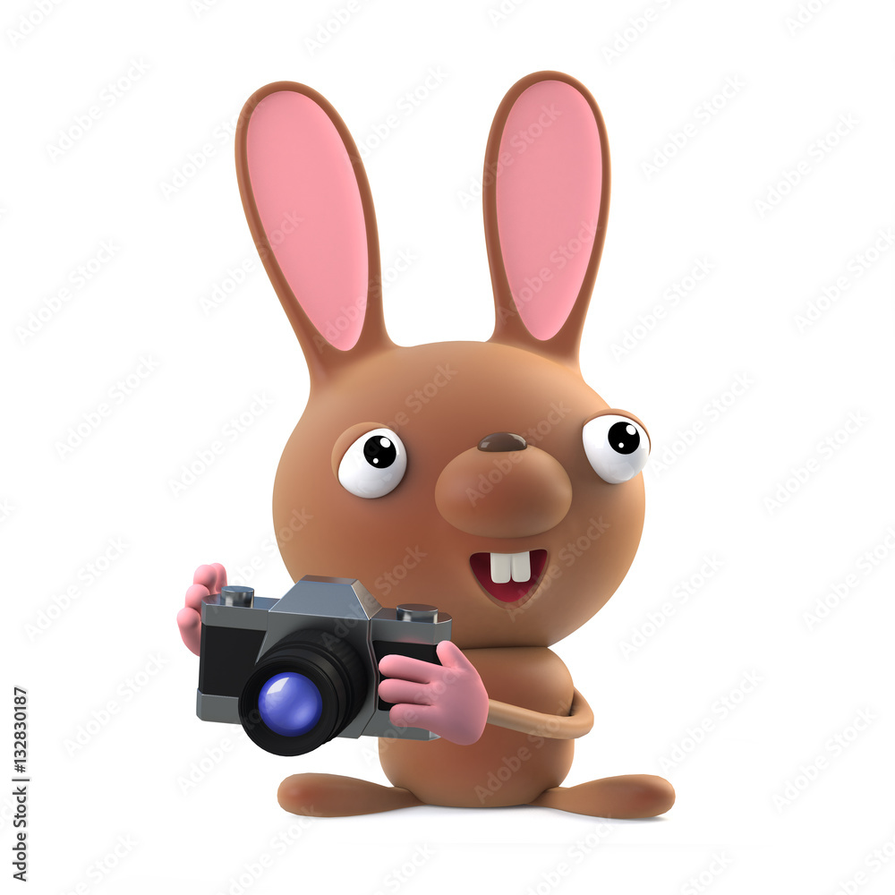 3d Cute cartoon Easter bunny rabbit takes a photo with his camera Stock ...