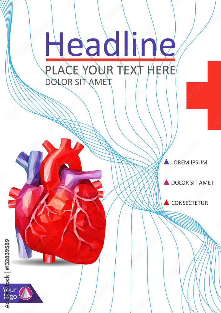 A4 medical cover design. Red Cross, Human Heart low poly. Vector Stock ...
