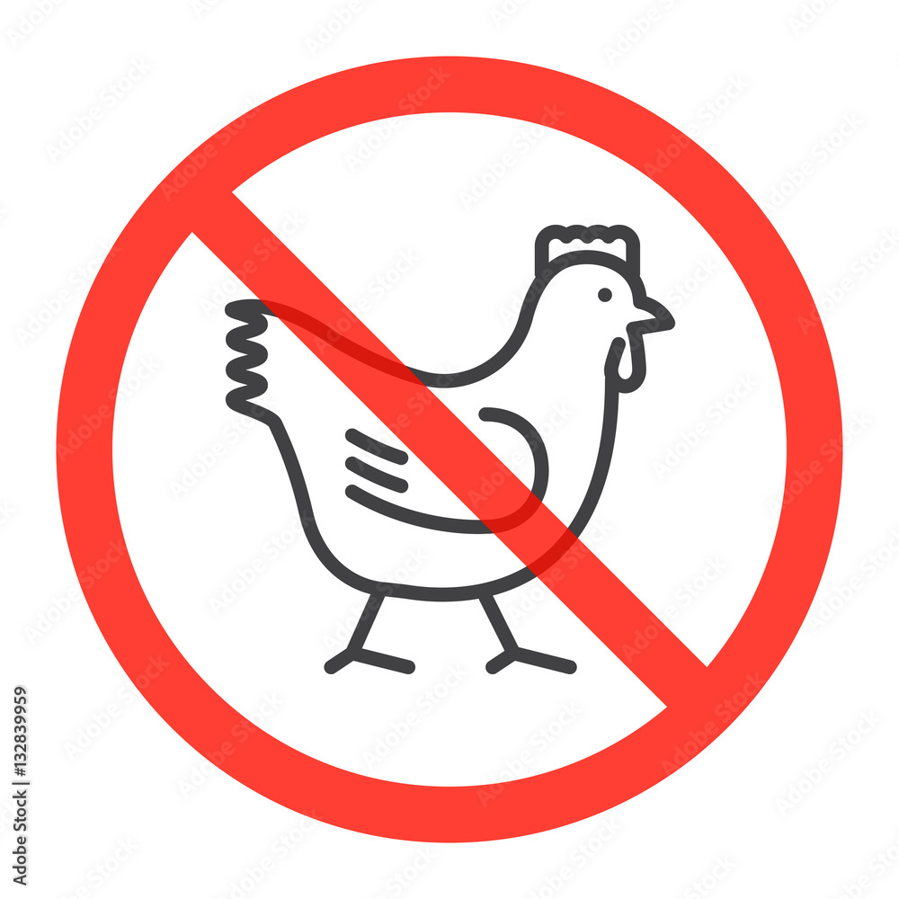 No chicken ban sign, line icon in prohibition red circle, forbidden ...