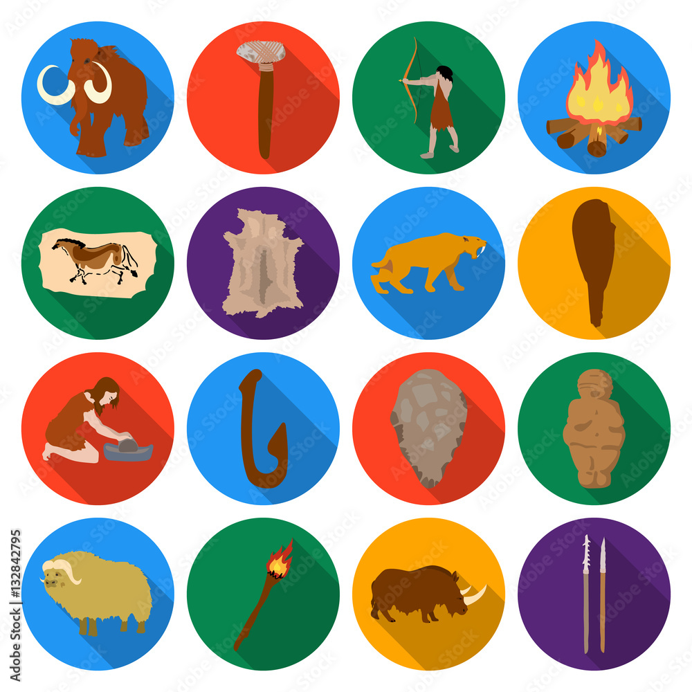 Vettoriale Stock Stone age set icons in flat style. Big collection of ...