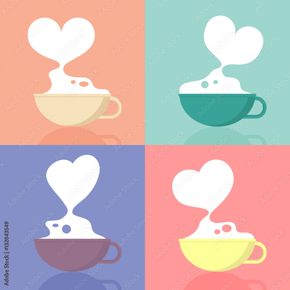 Coffee cups with heart shaped smoke Stock Vector | Adobe Stock