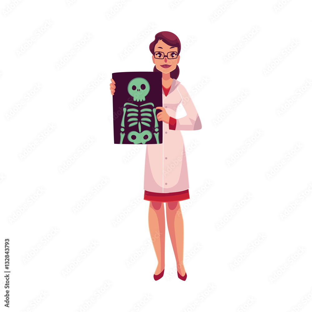 Female radiologist showing an x-ray image of skeleton, cartoon vector ...