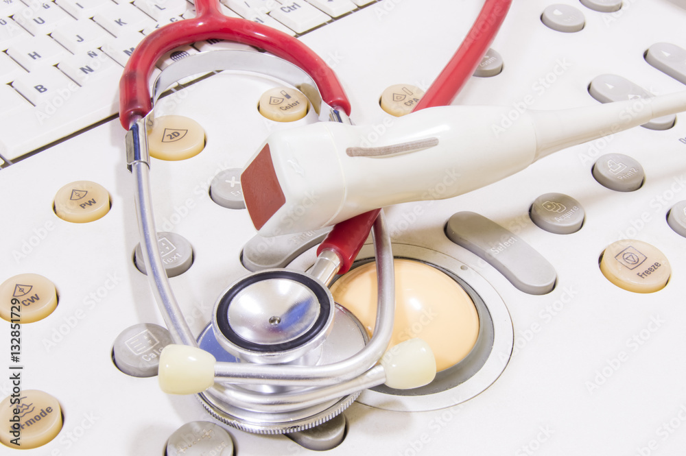 Stethoscope for heart listening, ultrasound sensor lie on ultrasound ...