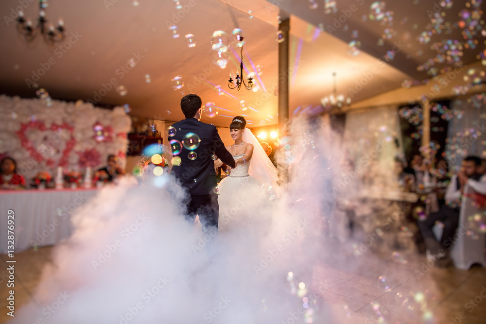 Wedding party, first dance of bride and groom with smoke and bubble ...