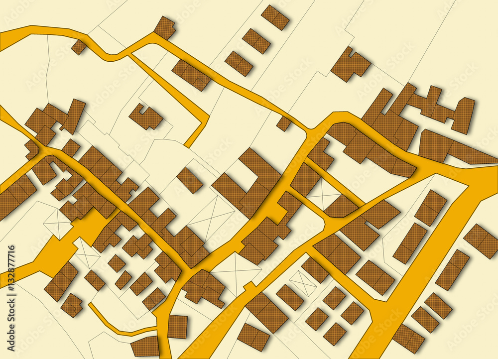 Imaginary cadastral map of territory with buildings and roads Stock ...