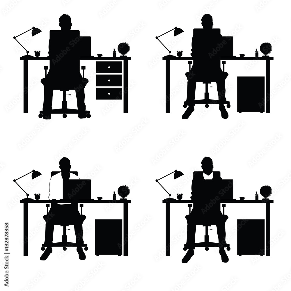 man silhouette set with laptop and desk illustration part two Stock ...