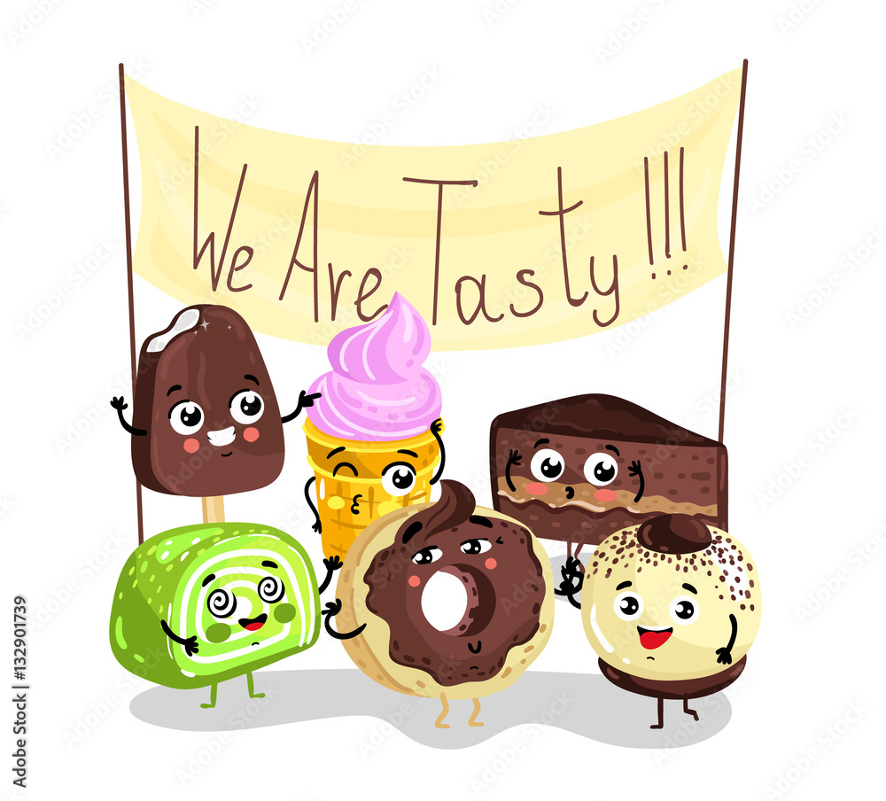 Cute sweet tasty dessert cartoon character set isolated on white ...