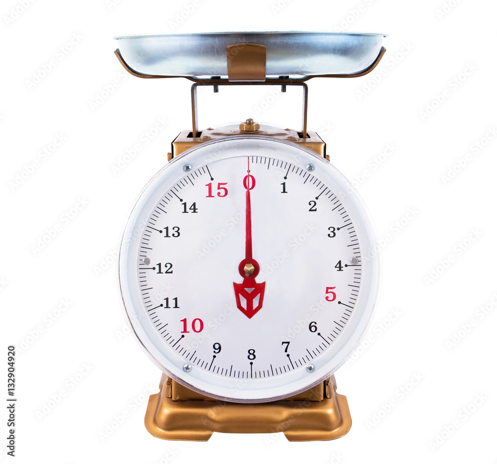 golden manual scale for measure on white background.Market scale Stock ...