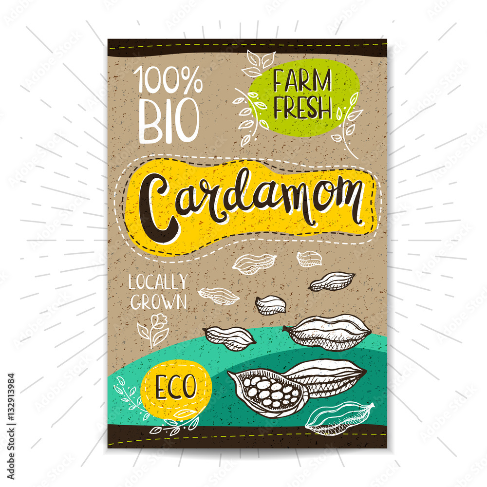 Colorful label in sketch style, food, spices, cardboard textured ...