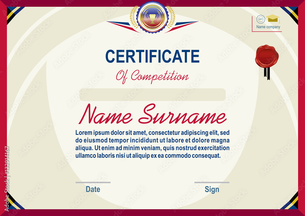 Official certificate: light yellow abstract background, red border, red ...