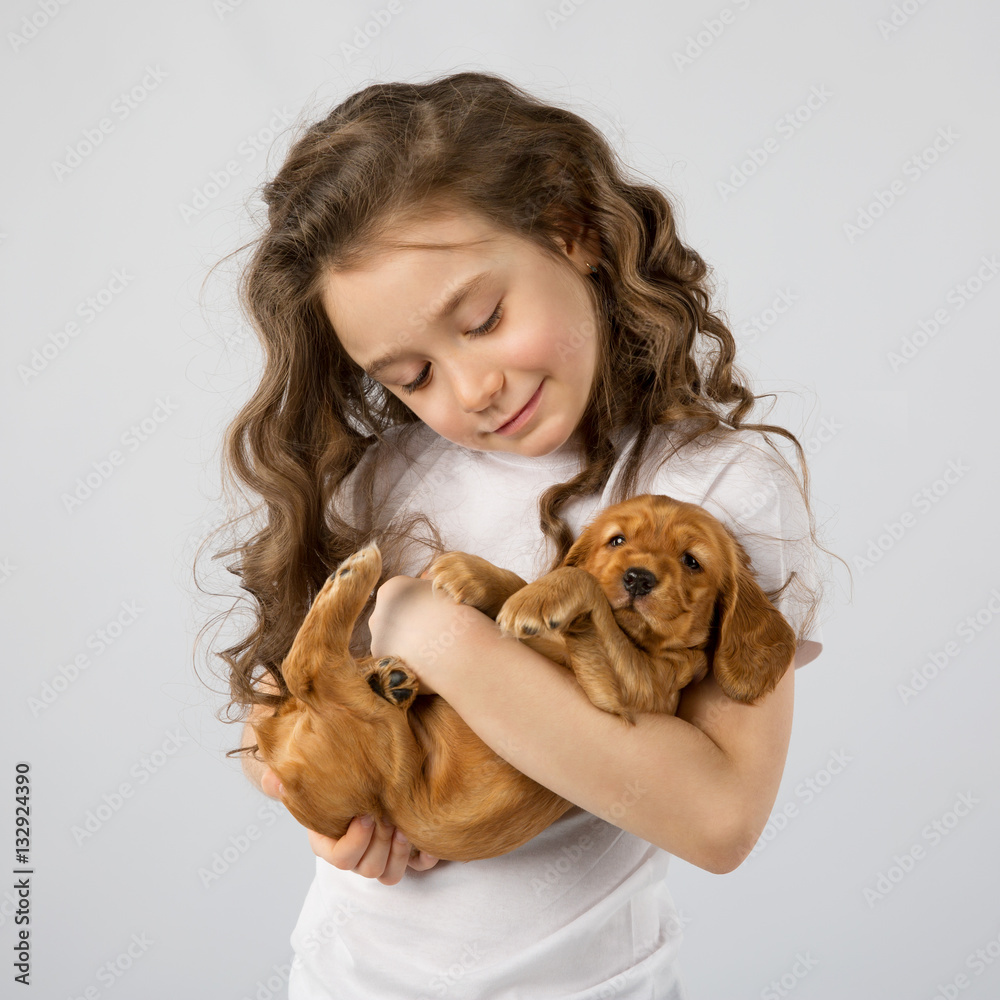 Little girl with puppy isolated on white background. Kid Pet Friendship ...