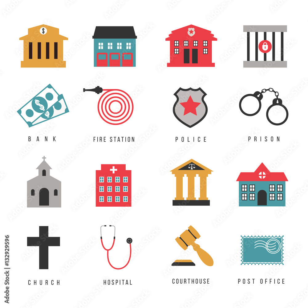 City government hall signs and buildings flat icons Stock-Vektorgrafik ...