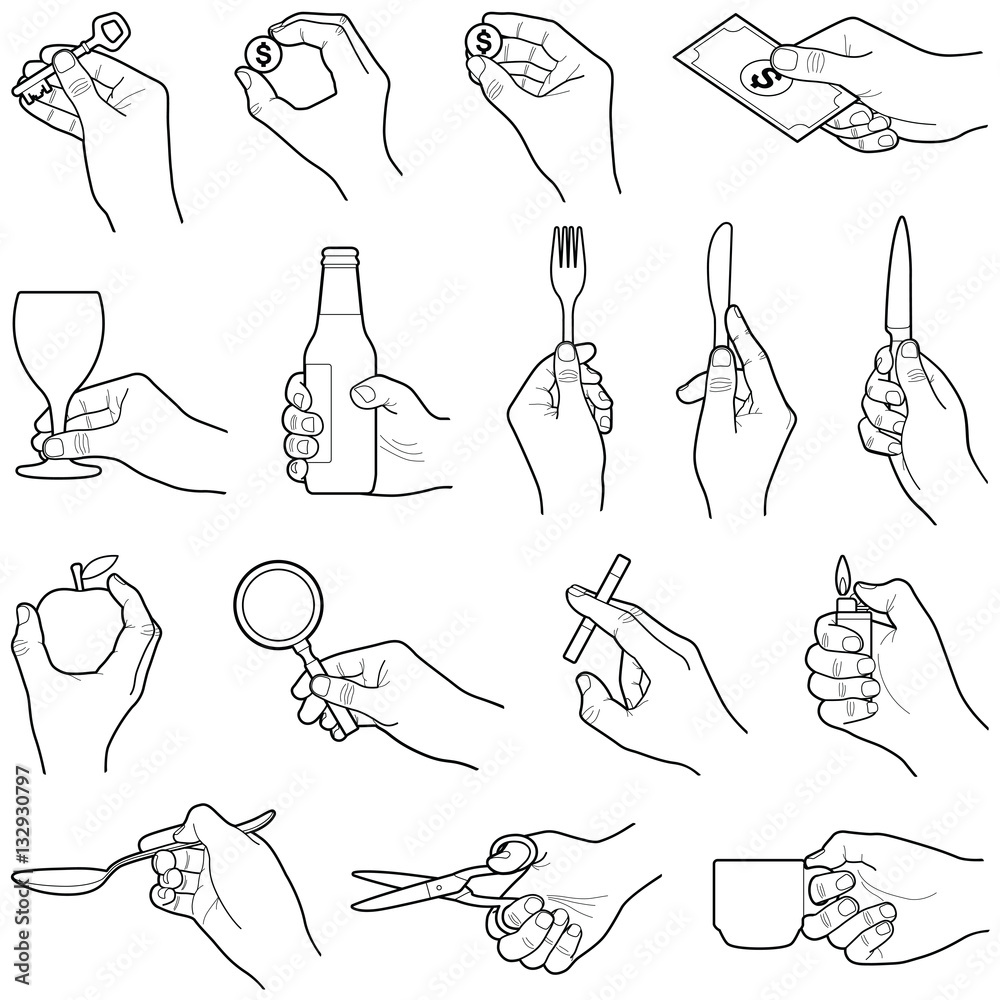 Hands with objects collection - vector line illustration Stock Vector ...