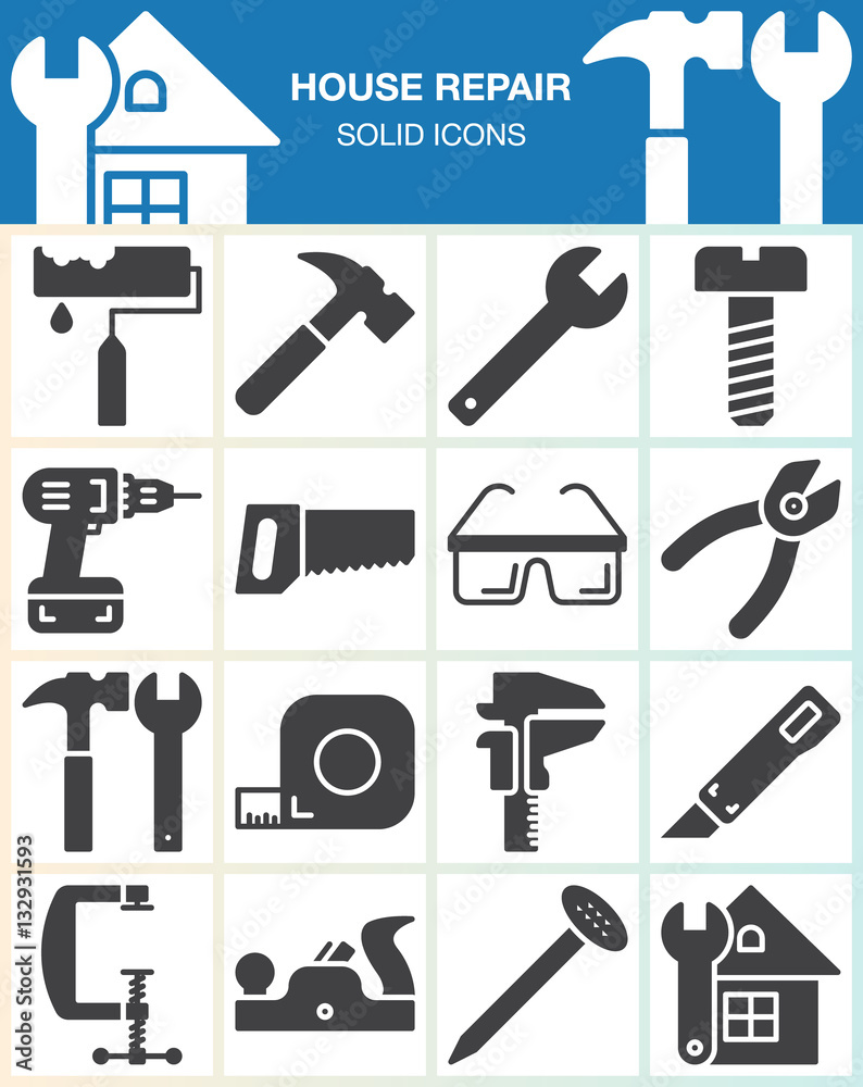House repair and construction vector icons set, Hand tools for home ...
