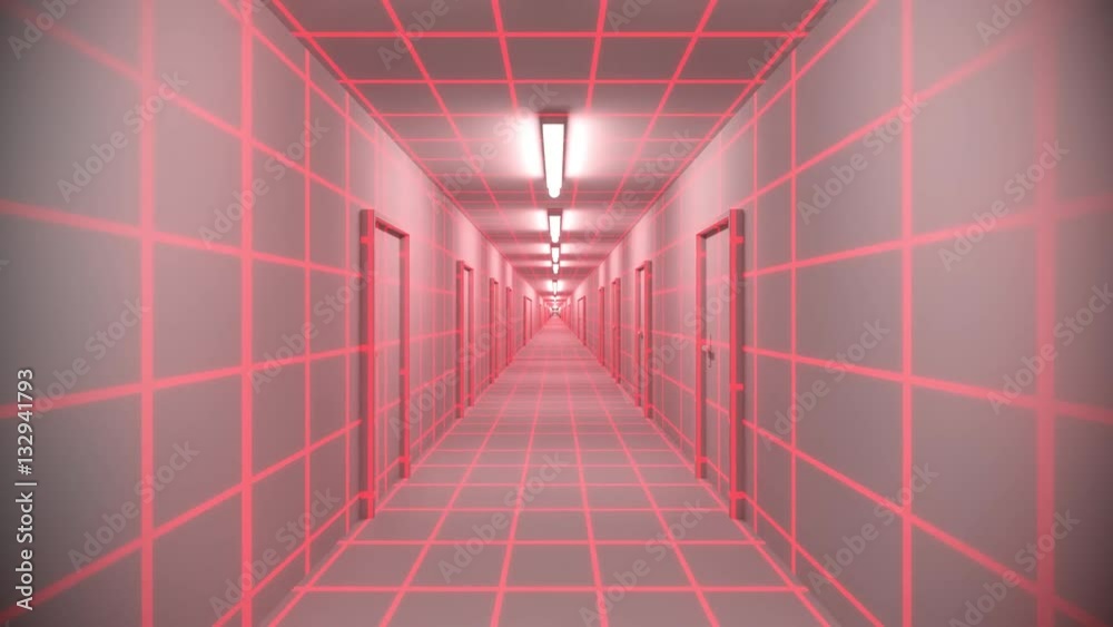 Endless white corridor doors neon tron 80s arcade glow loop wireframe ...